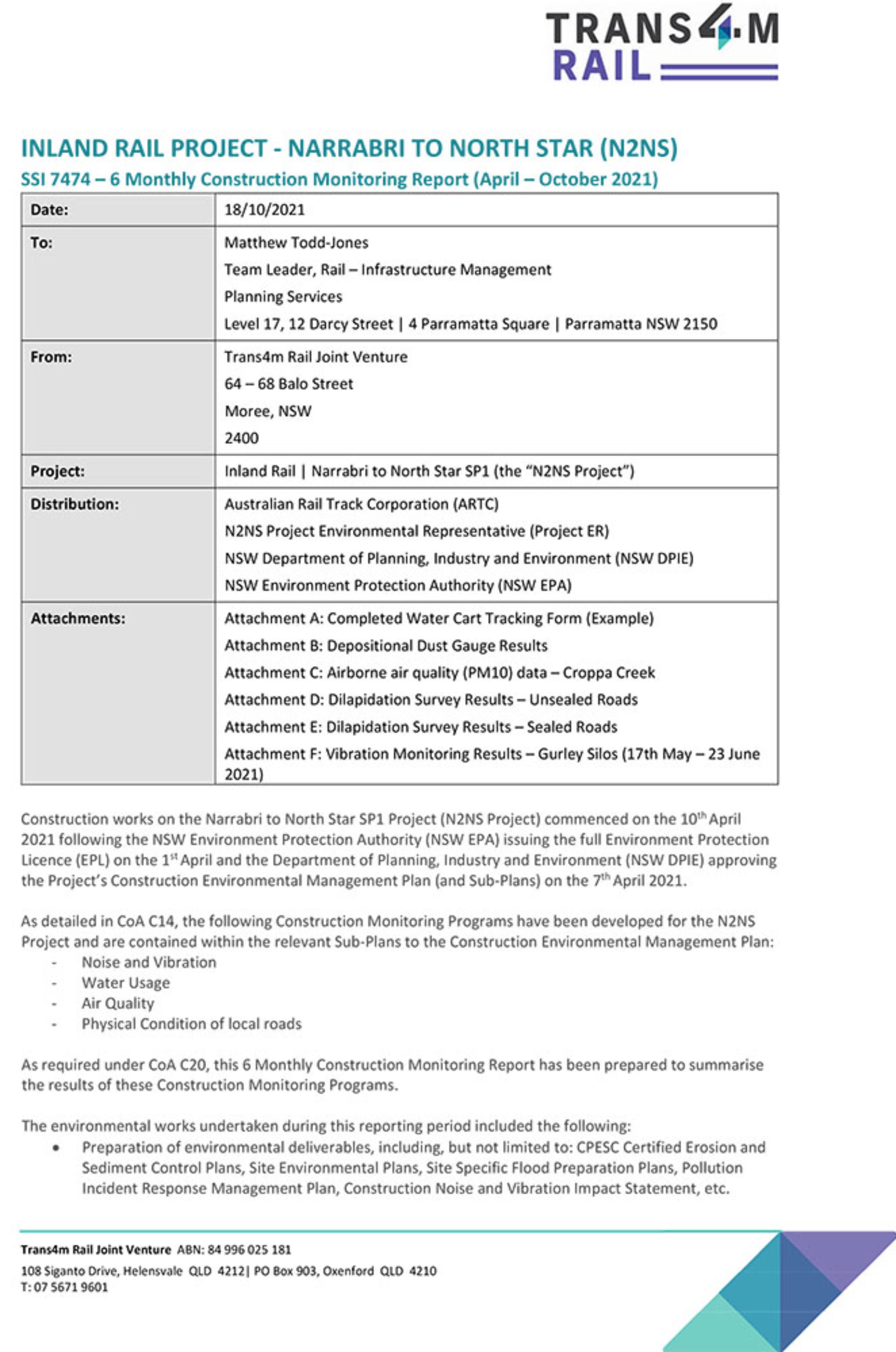 Narrabri to North Star Phase 1 project: Six Monthly Construction ...