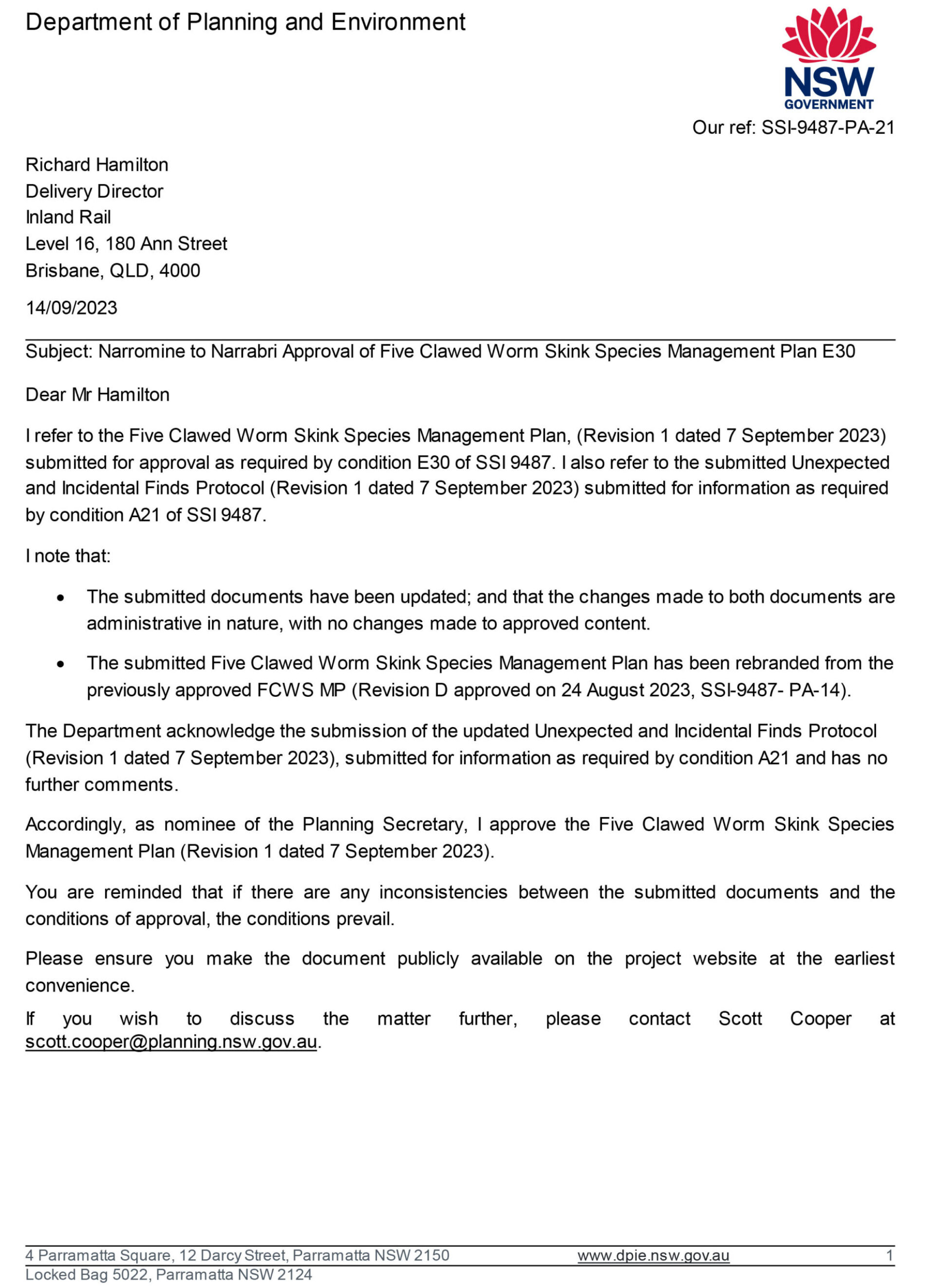Approval of Five Clawed Worm Skink Species Management Plan - Inland Rail Approval of Five Clawed Worm Skink Species Management Plan - Inland Rail