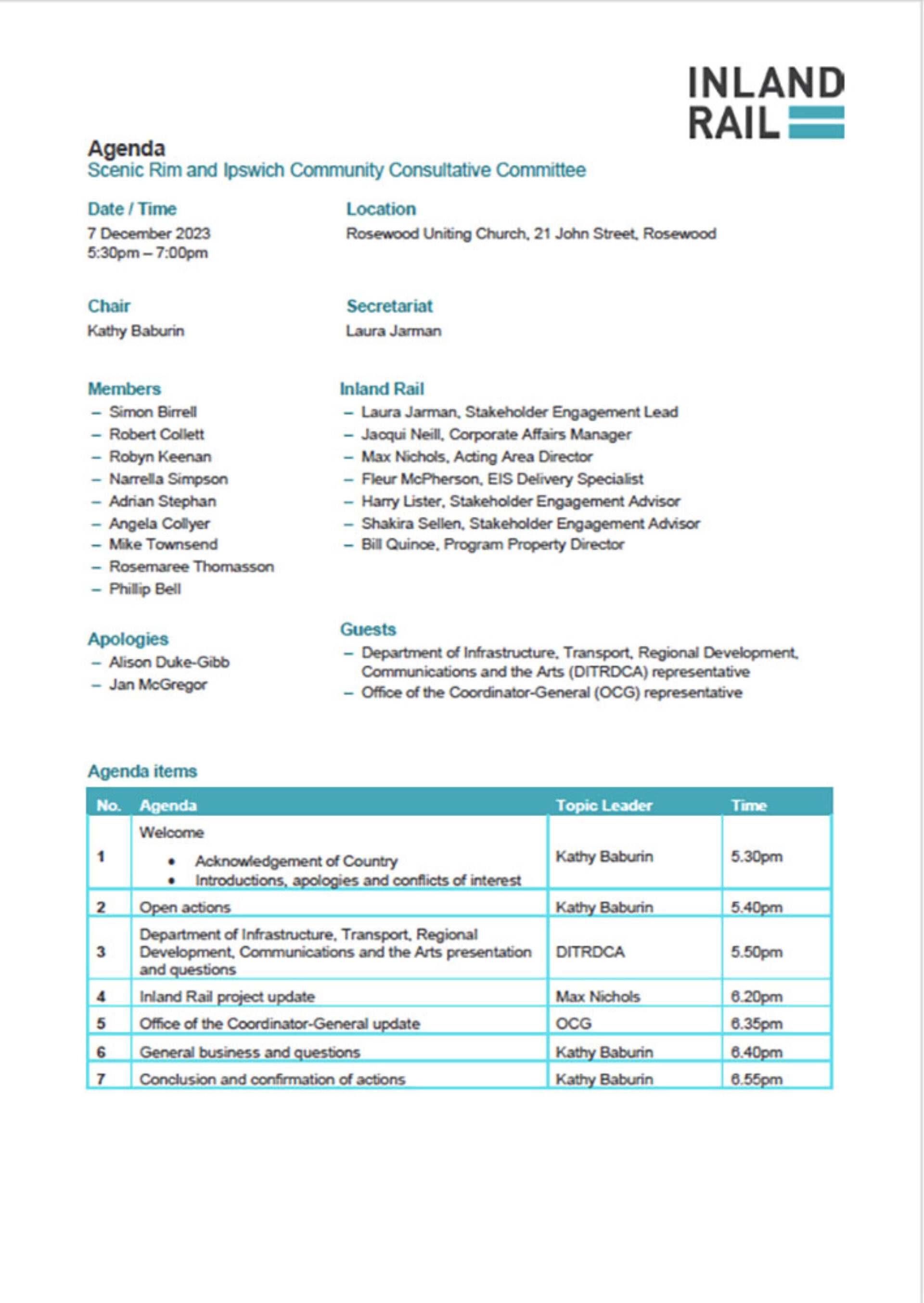 Scenic Rim and Ipswich CCC meeting agenda 7 December 2023 - Inland Rail