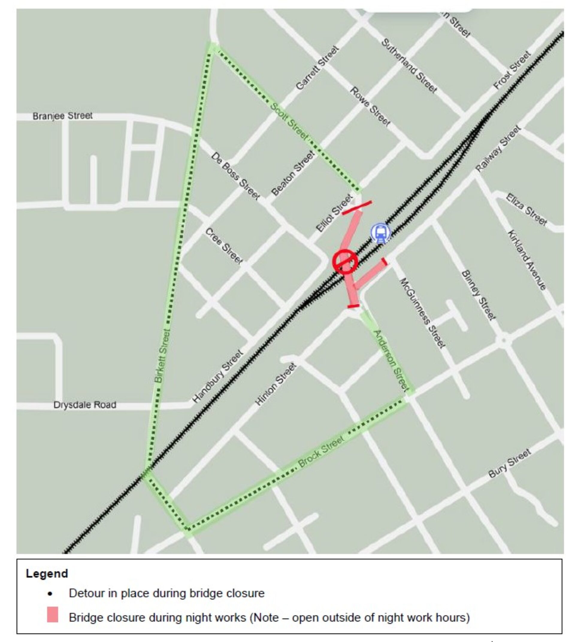 Euroa: Night Works, Bridge Closed 16-21 Feb 25 - Inland Rail